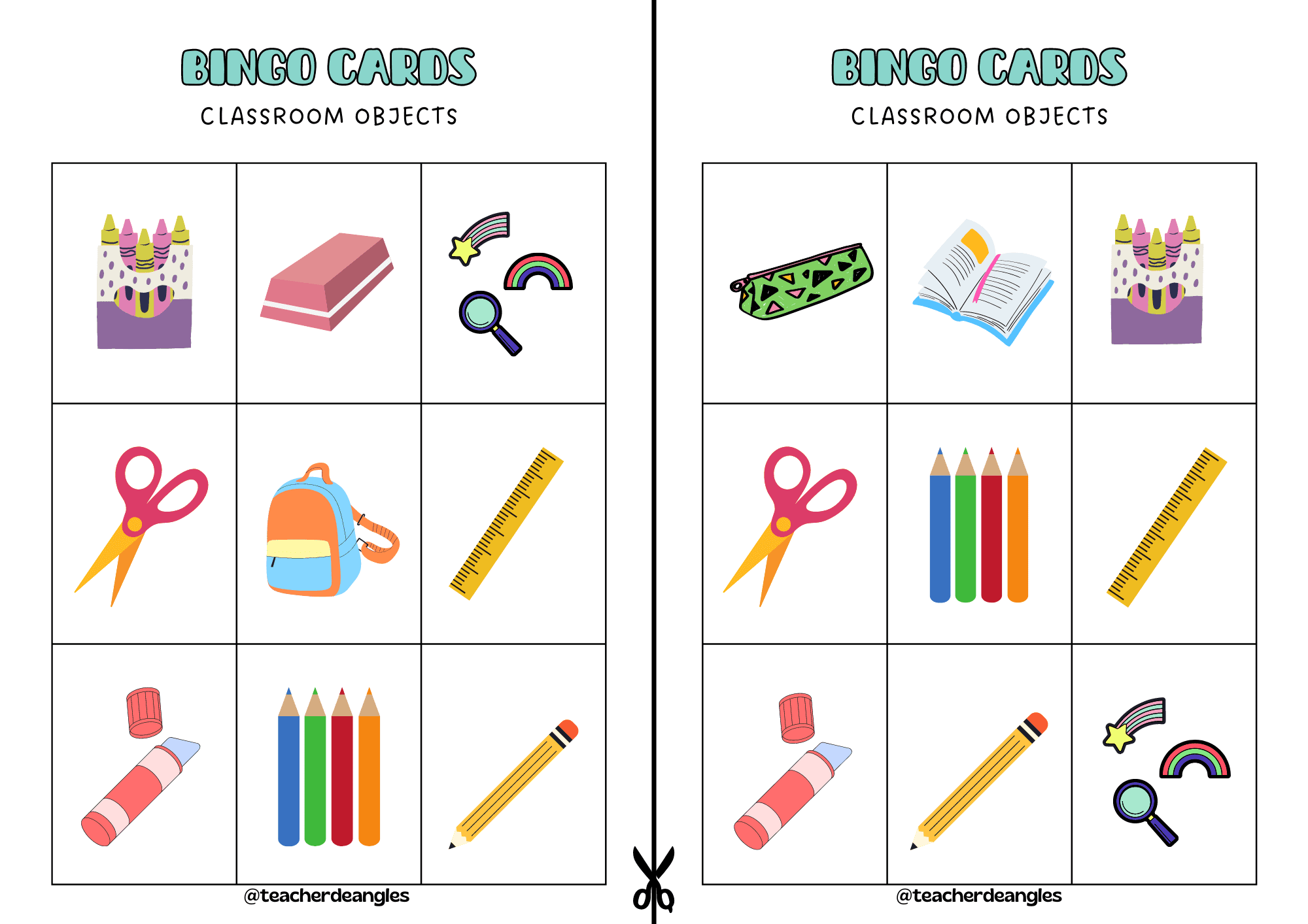 Profes Papel Tijera CLASSROOM OBJECTS BINGO CARDS