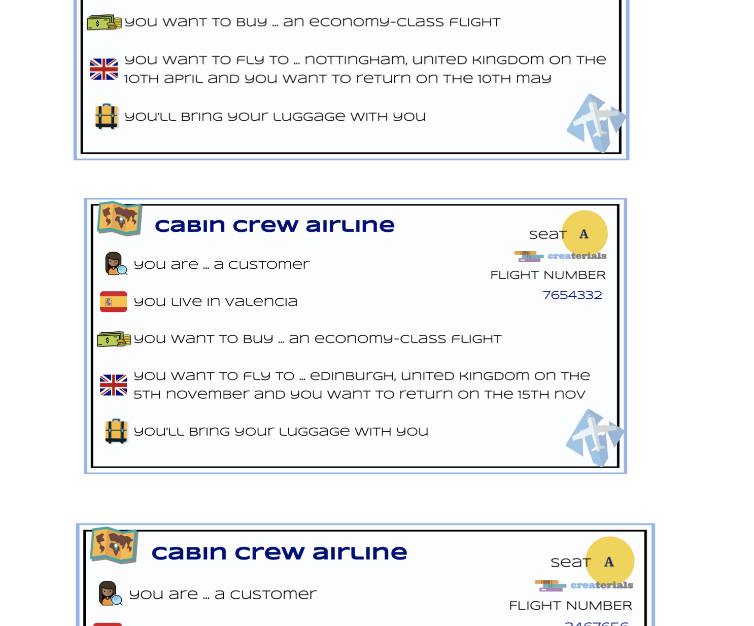 Profes Papel Tijera CABIN CREW AIRLINES SPEAKING CARDS