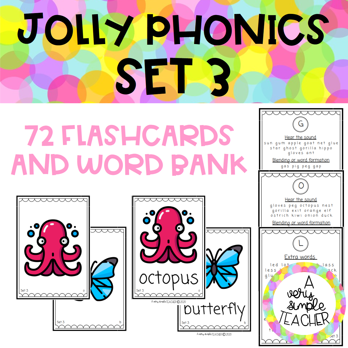 Profes Papel Tijera JOLLY PHONICS SET 3: Flashcards and word bank