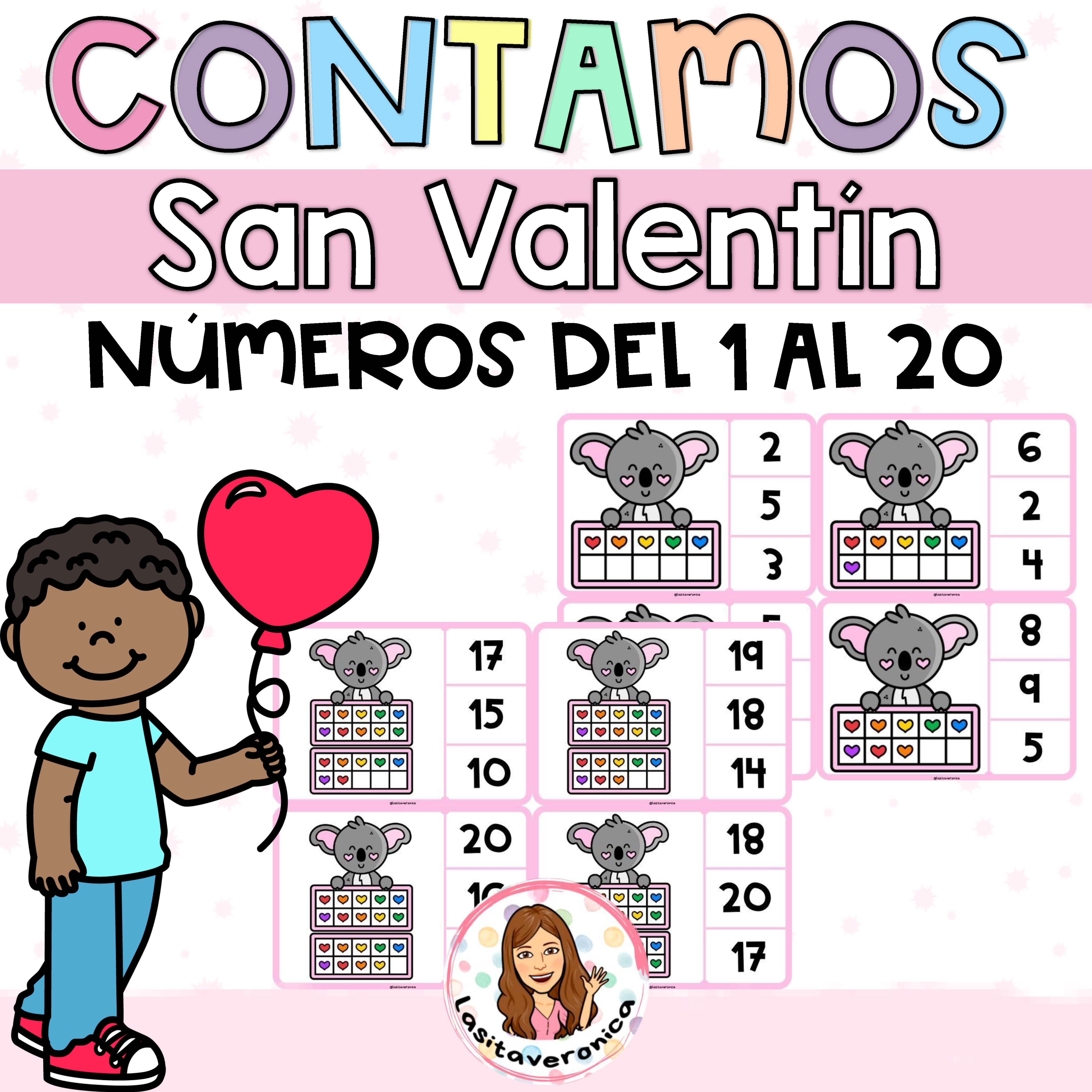 Profes Papel Tijera Contamos en SAN VALENTÍN corazones de colores de 1 a 20